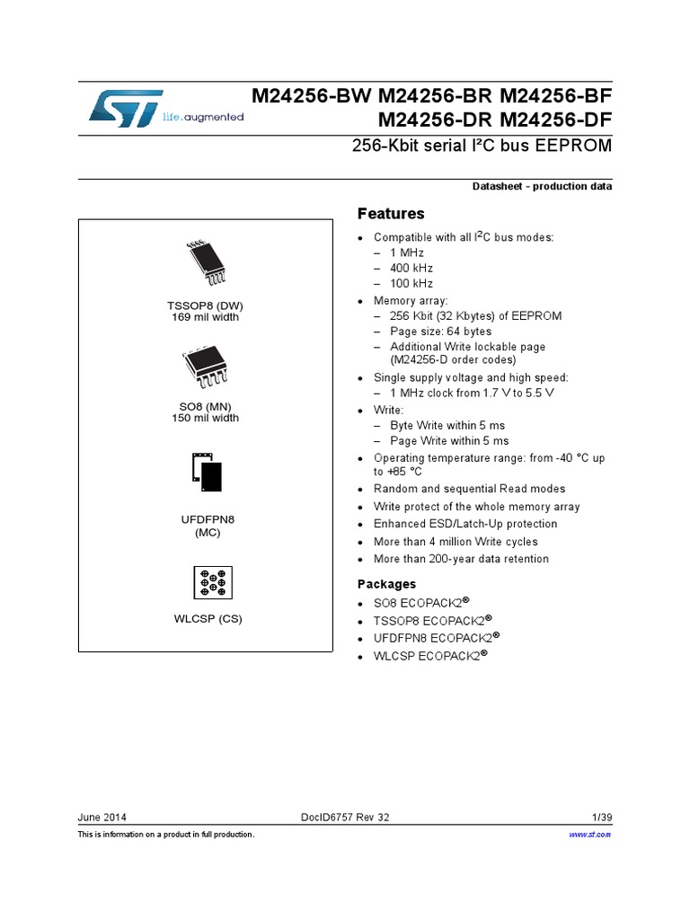 M24256-BW M24256-BR M24256-BF M24256-DR M24256-DF: 256-Kbit Serial I C Bus EEPROM | Download ...