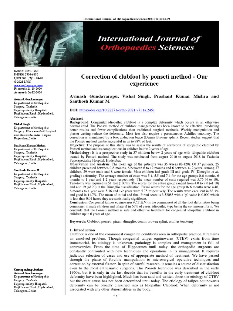 Correction of Clubfoot by Ponseti Method - Our Experience | PDF | Foot ...
