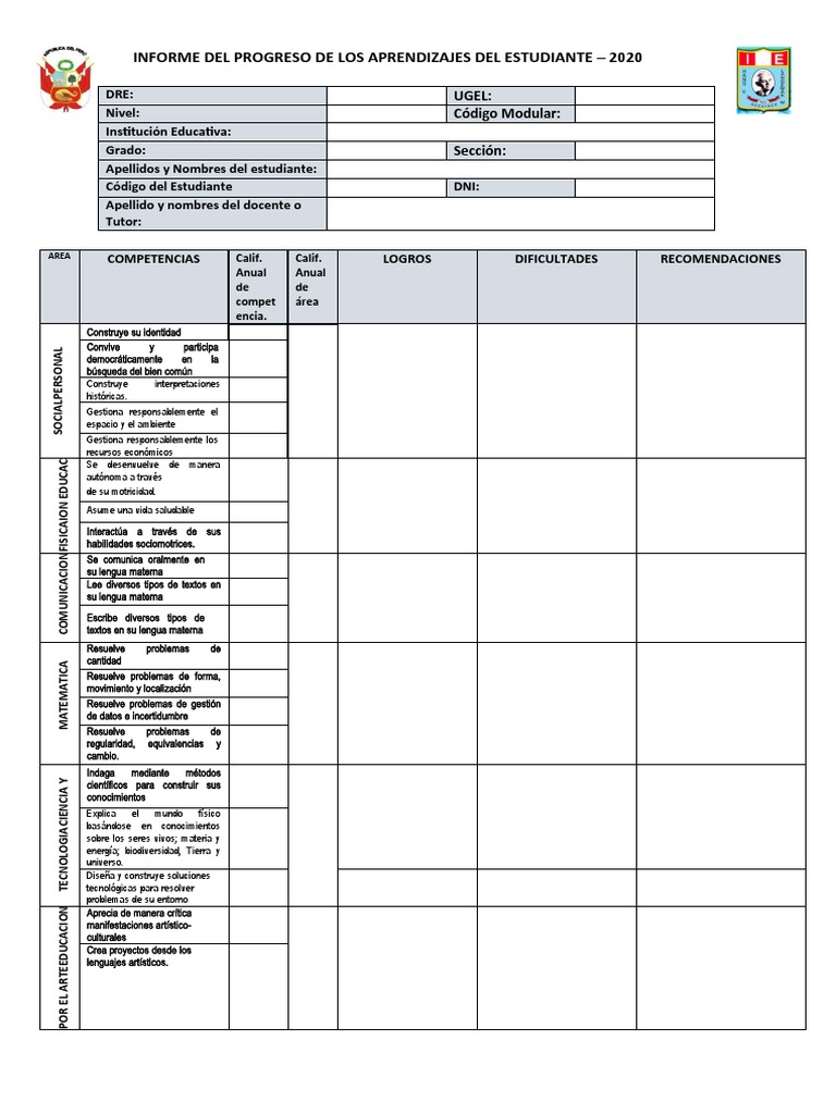 Informe Del Progreso de Los Aprendizajes Del Estudiante-2020 | PDF ...