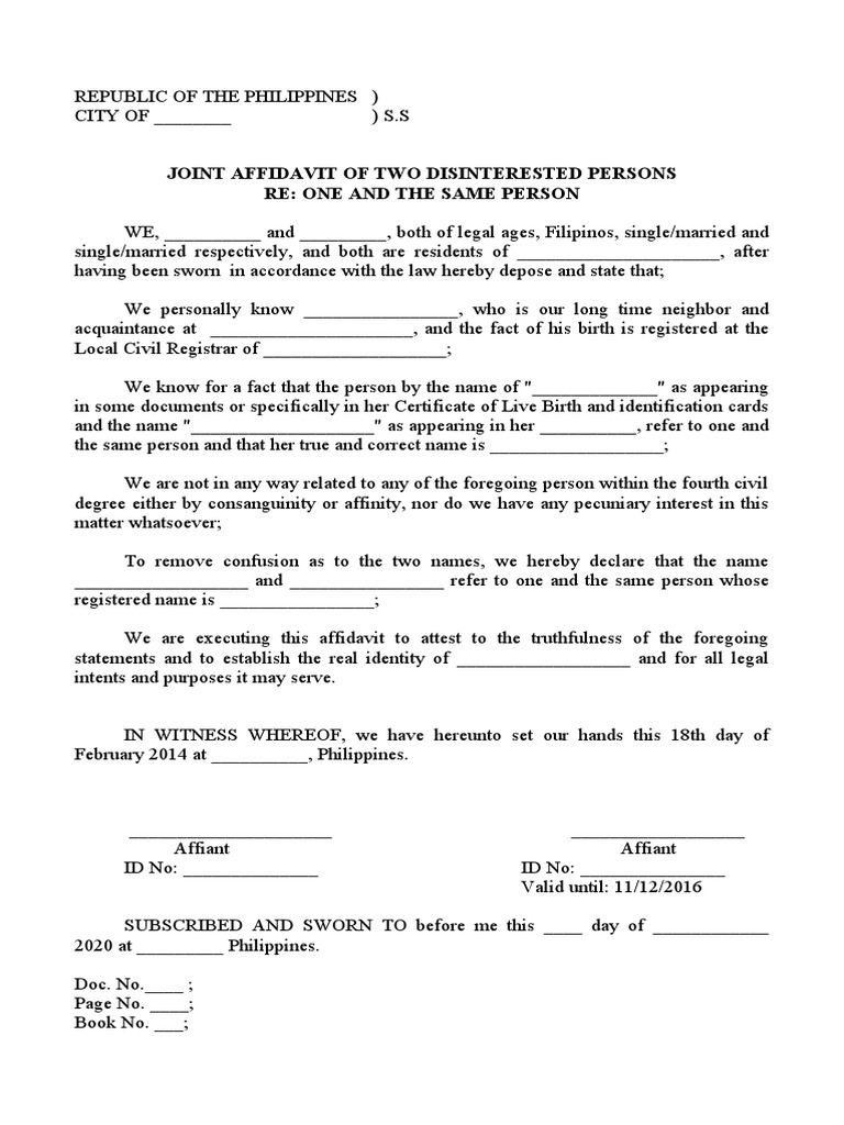 Joint Affidavit of Two Disinterested Persons Re: One and The Same ...