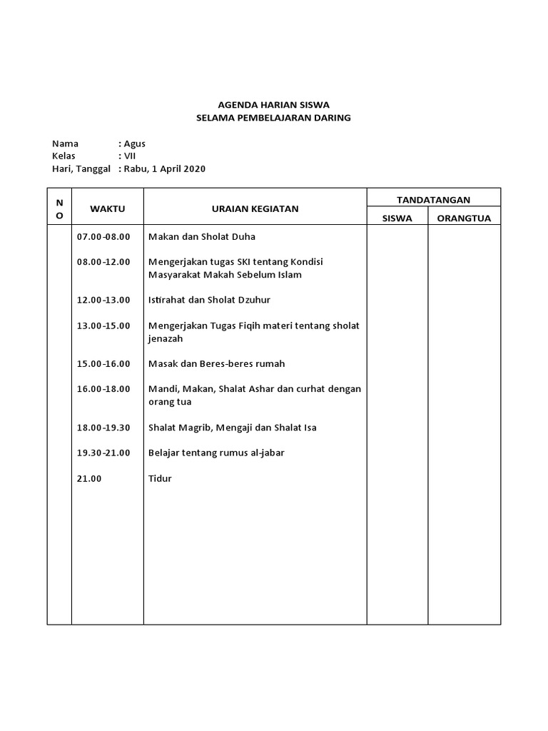Contoh Agenda Harian Siswa | PDF