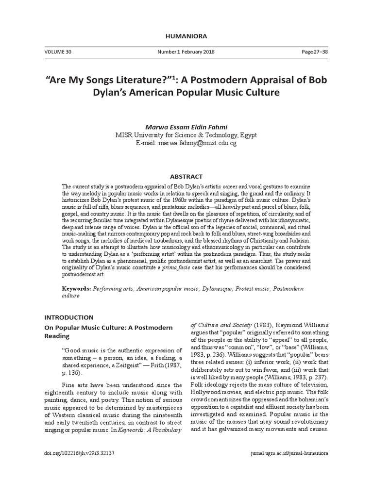 Are My Songs Literature A Postmodern Appraisal of PDF | PDF | Bob Dylan ...