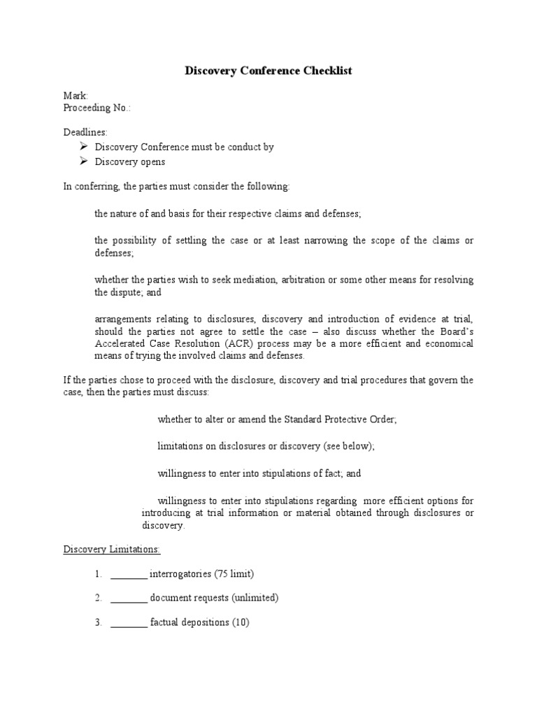 TTAB Discovery Conference Checklist | PDF | Discovery (Law) | Legal ...