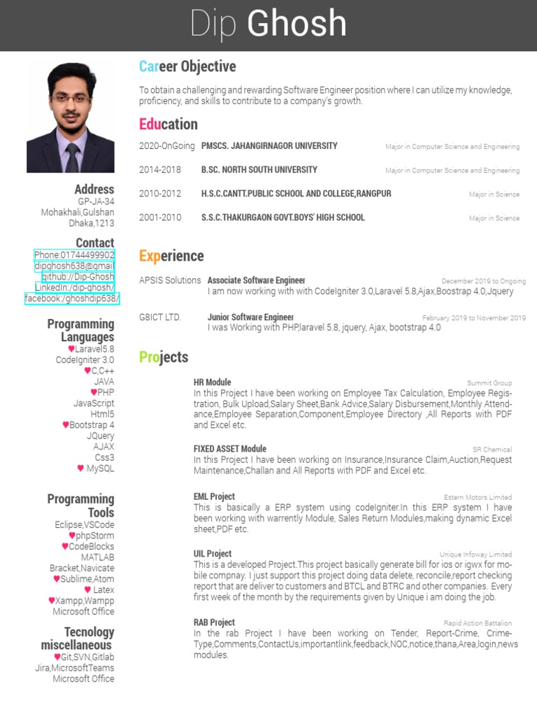 Dip Ghosh's Resume: Showcasing a Software Engineer with Experience in Laravel, CodeIgniter, PHP ...