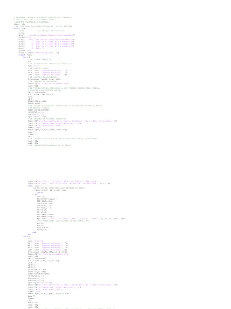 Newton-Raphson Multivariable MATLAB | PDF | Análisis | Relaciones ...
