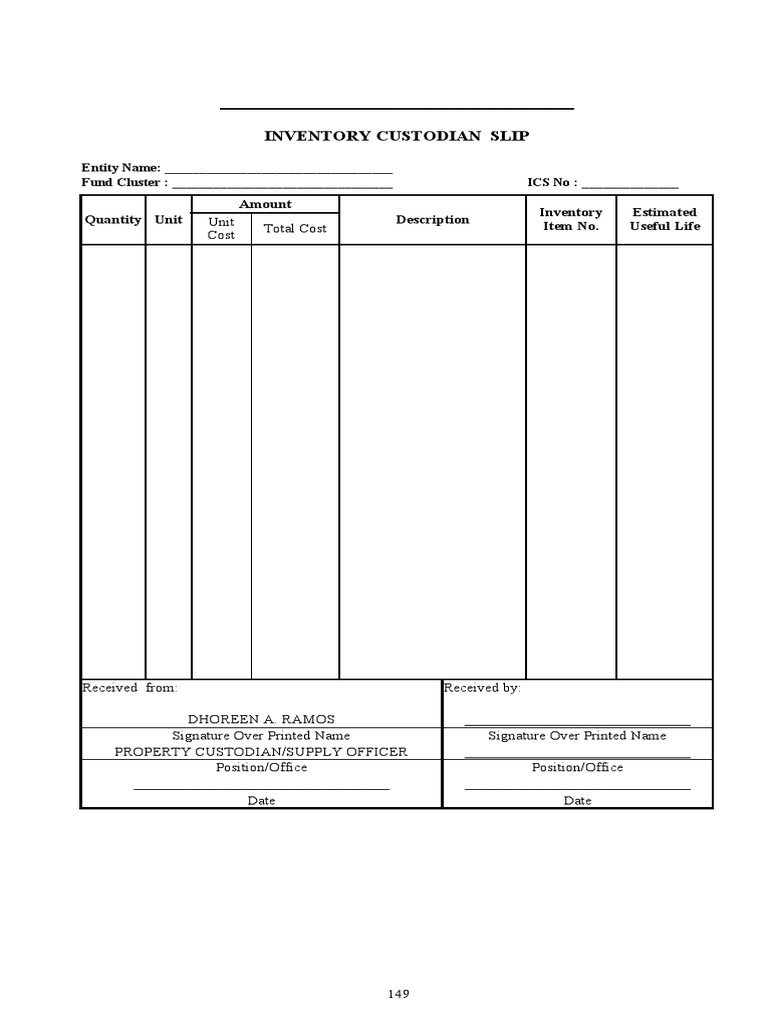 Inventory Custodian Slip: Quantity Unit Amount Description Inventory ...