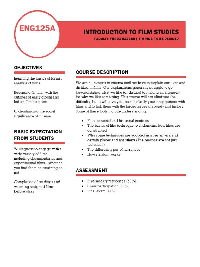 ENG 125A - Introduction To Film Studies Course Handout | PDF