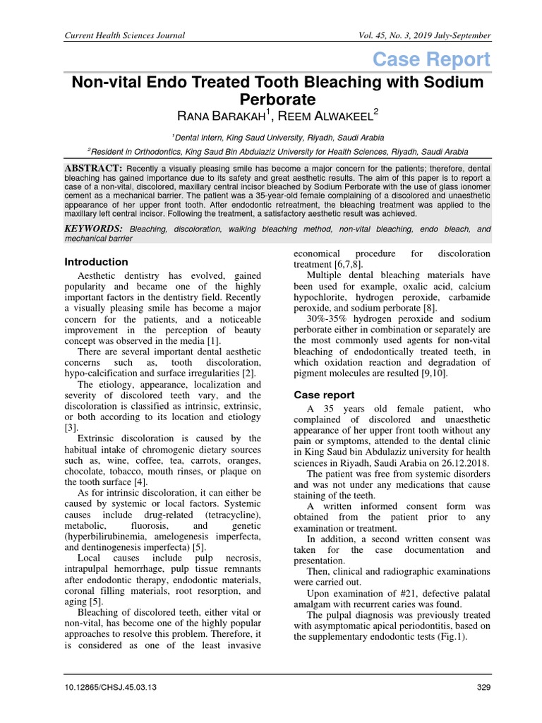 Non Vital Endo Treated Tooth Bleaching With Sodium Perborate | PDF ...