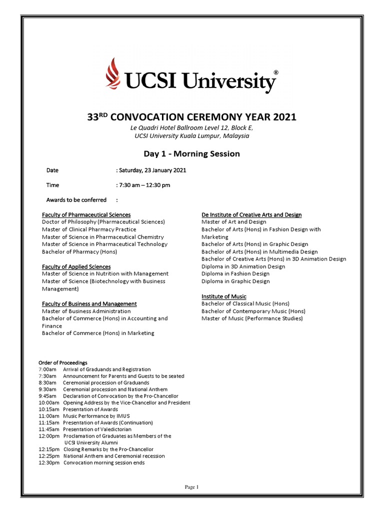 UCSI University Convocation 2021 Schedule | PDF | Bachelor's Degree ...