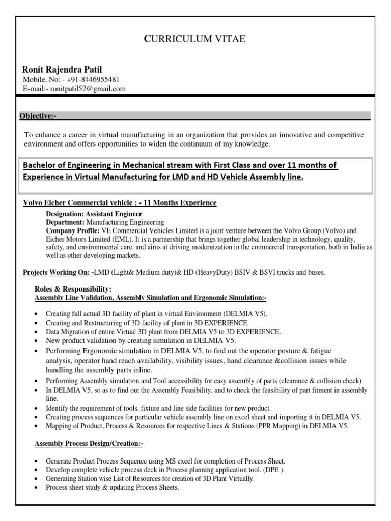 Curriculum Vitae: Ronit Rajendra Patil | PDF | Simulation | Human Factors And Ergonomics