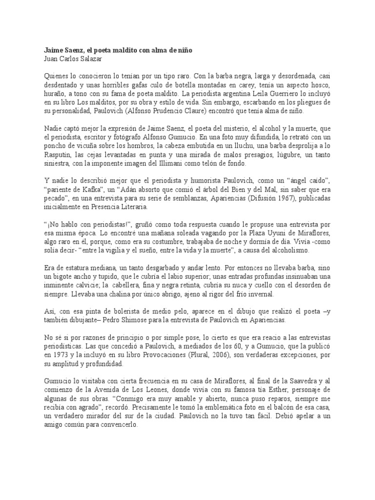 Salazar Juan Carlos - Jaime Saenz Poeta Maldito y Alma de Niño | PDF ...