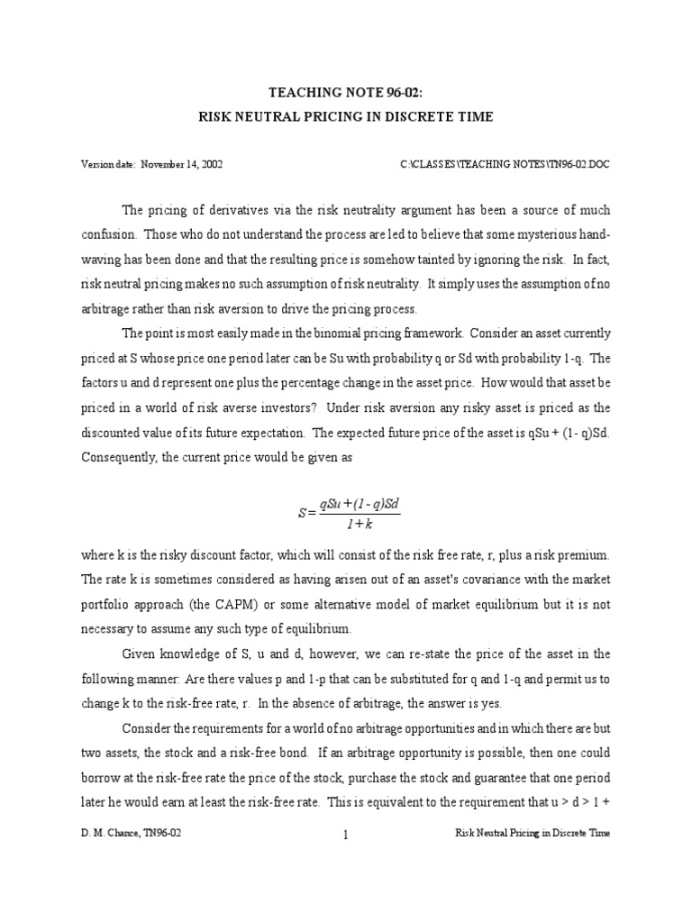 Teaching Note 96-02: Risk Neutral Pricing in Discrete Time | Download ...