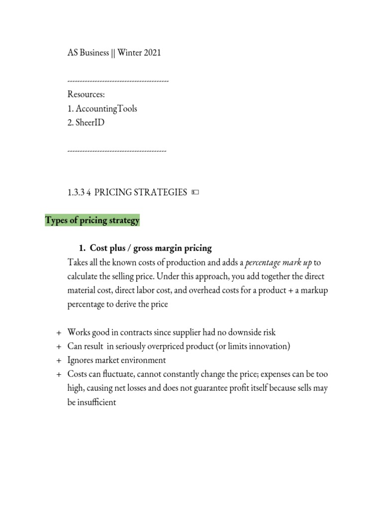 Business AS Level Notes Unit 1 Pricing Strategies | PDF | Pricing ...