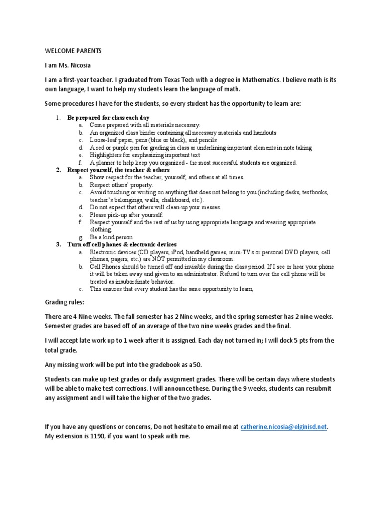 Welcome Parents Letter | PDF | Teachers | Communication