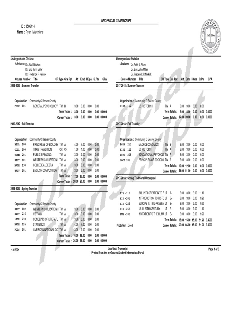 Final Geneva College Transcript | PDF | Academia | Educational Stages