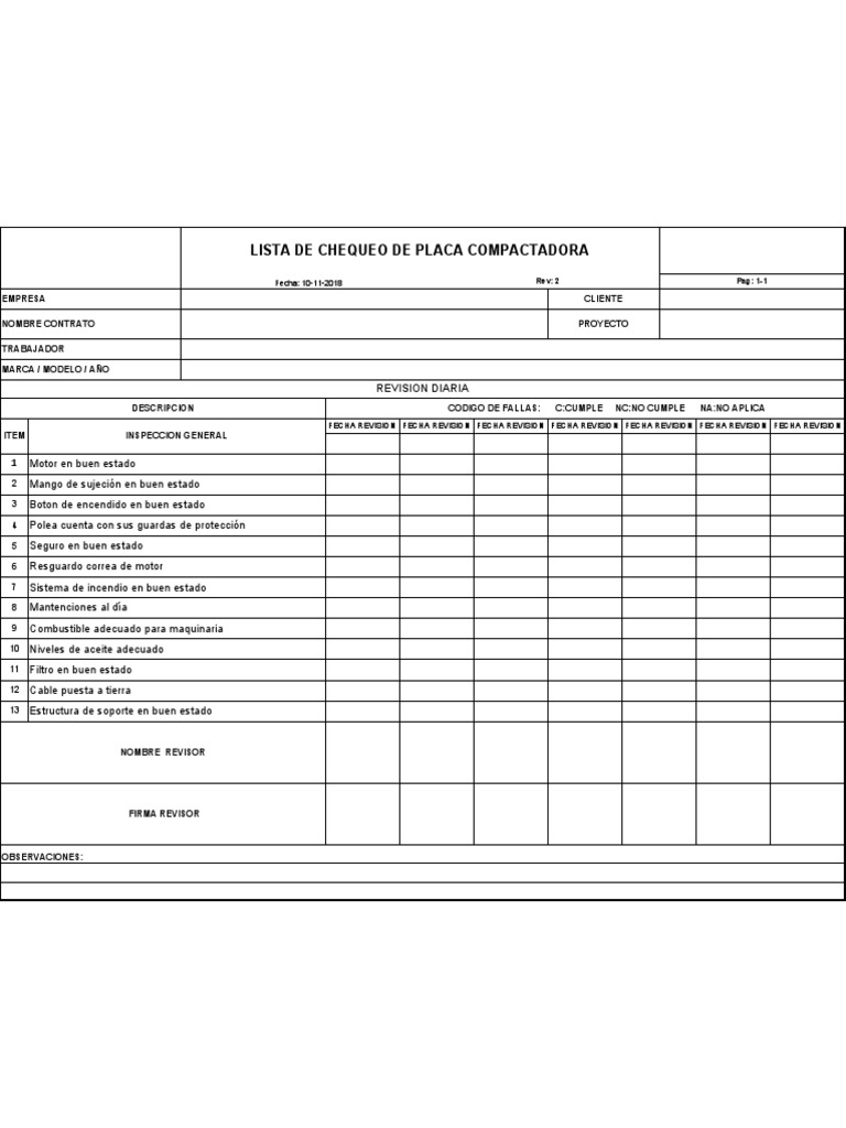 Lista de Chequeo de Placa Compactadora | PDF