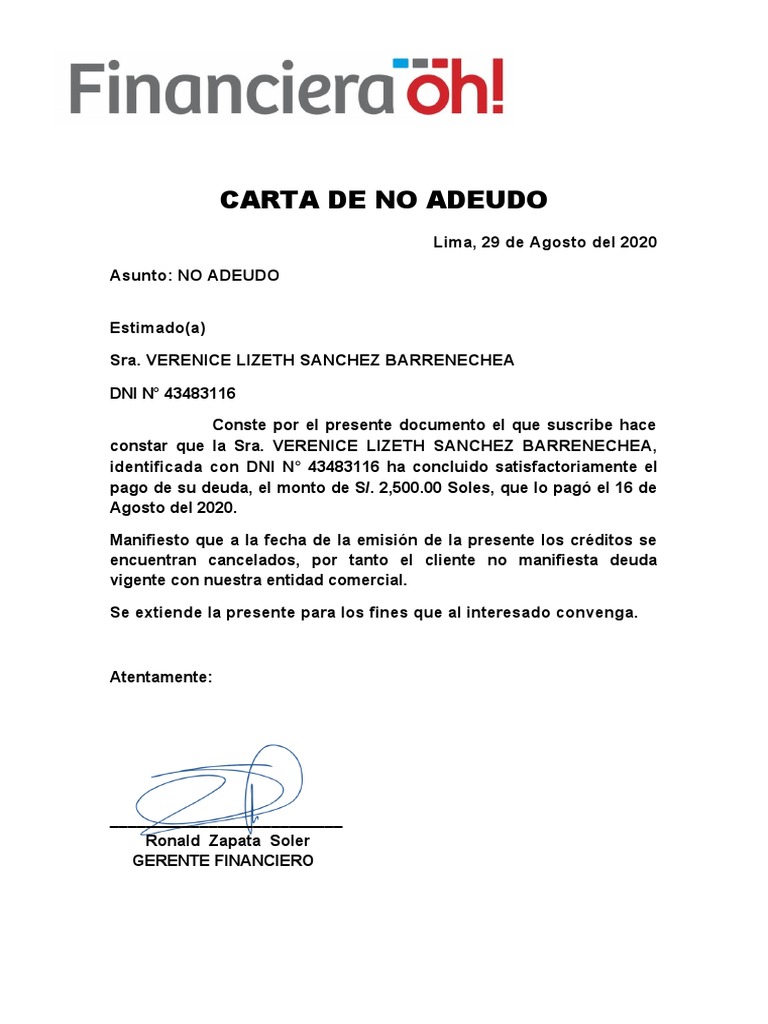 Carta de No Adeudo | Descargar gratis PDF | Crédito | Finanzas y administración del dinero