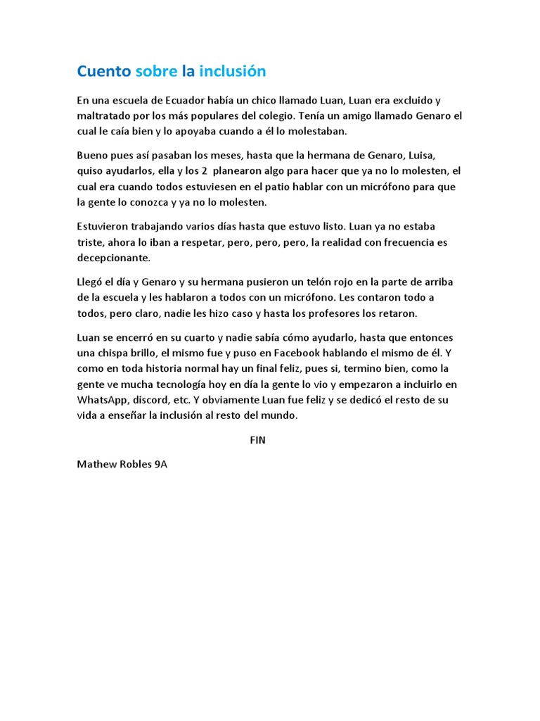 Cuento Sobre La Inclusión 9A Mathew Robles | PDF