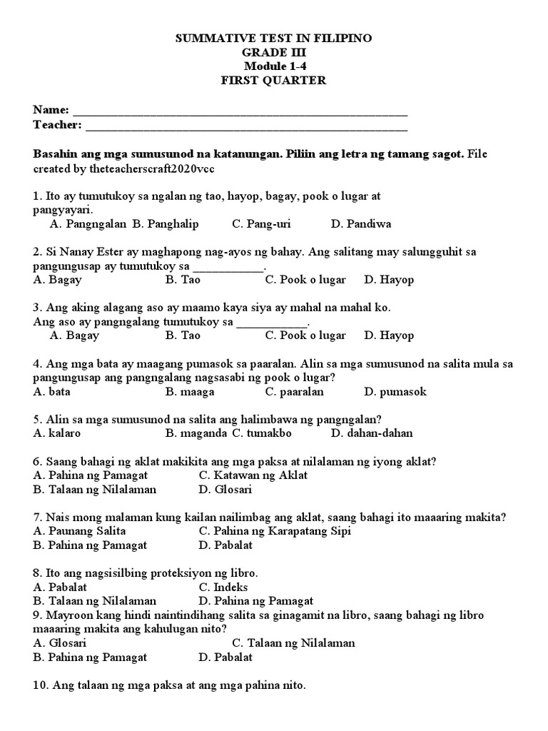 Summative Test in Filipino | PDF