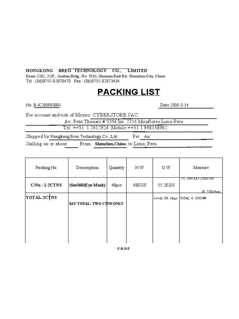 Packing List: Hongkong Breo Technology Co., Limited | PDF