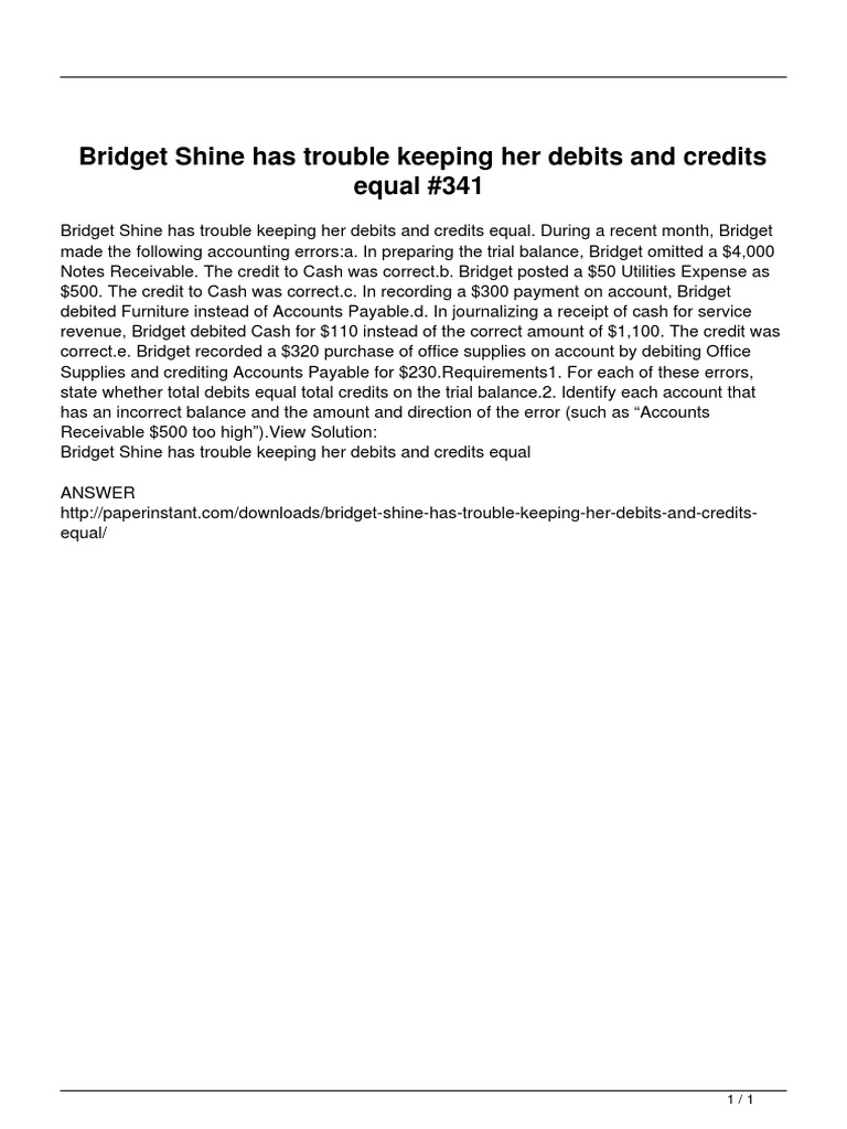 Bridget Shine Has Trouble Keeping Her Debits and Credits Equal | PDF