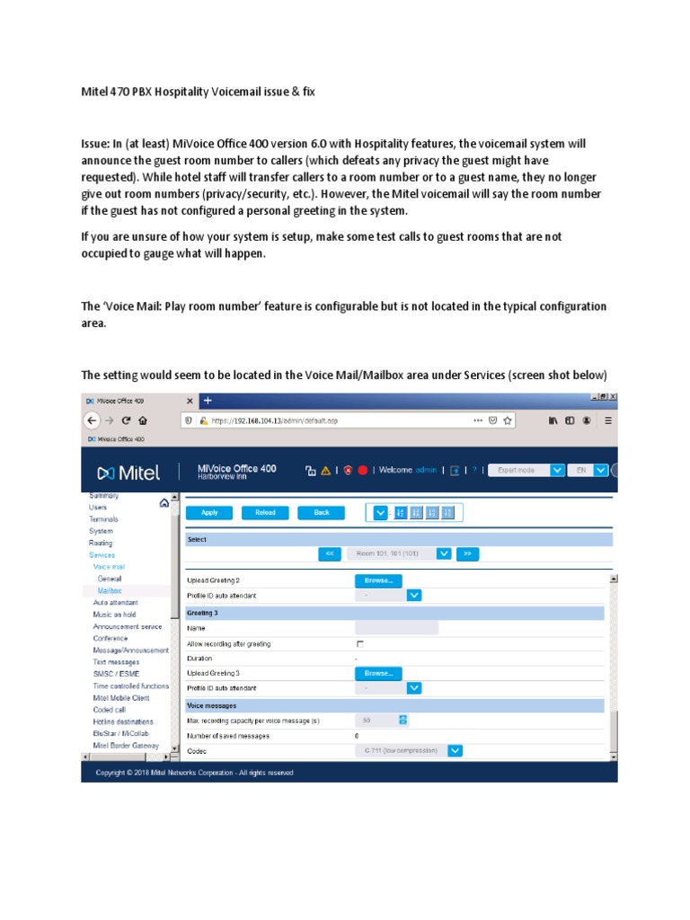 Mitel Hospitality Voicemail Privacy Fix | PDF