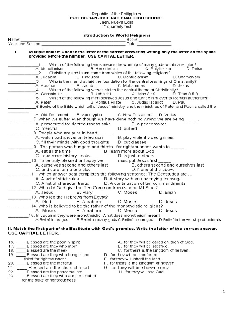 World Religion 1st Test | PDF | Monotheism | Christian Church