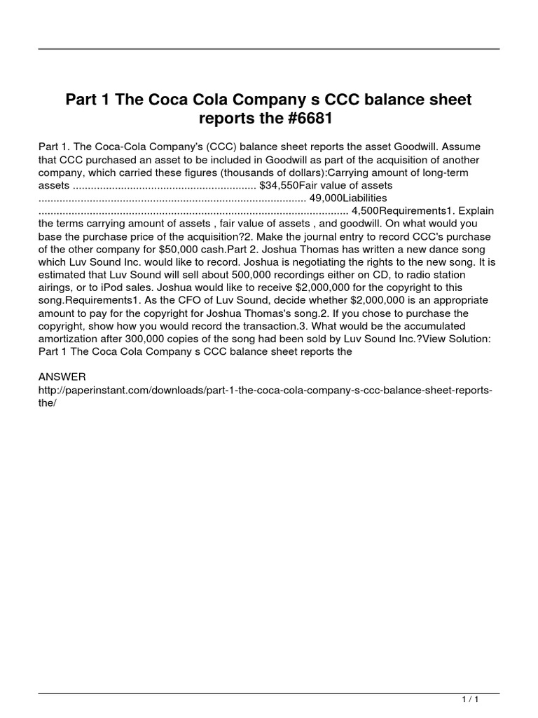 Part 1 The Coca Cola Company S CCC Balance Sheet Reports The | Download ...