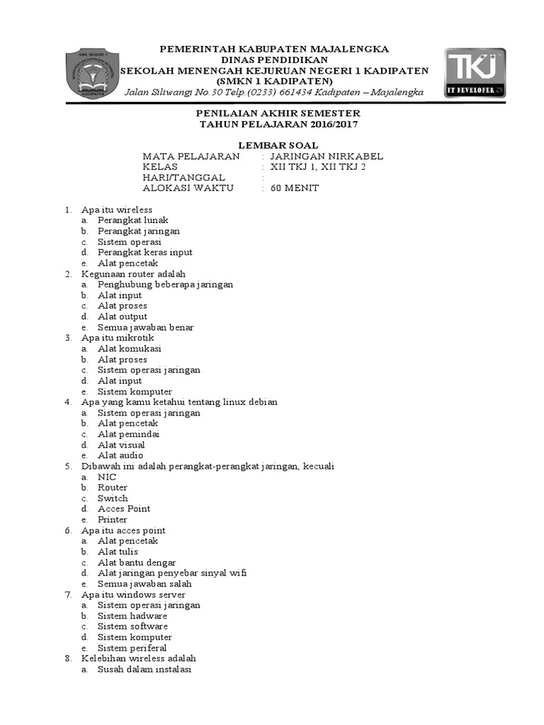 Soal Jaringan Nirkabel SMKN 1 | PDF