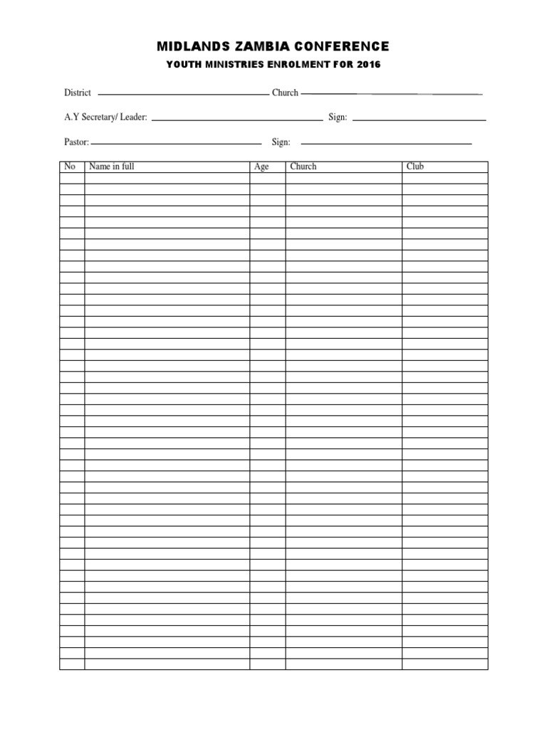 Midlands Zambia Conference: Youth Ministries Enrolment For 2016 | PDF ...