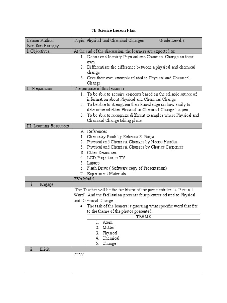 Physical and Chemical Changes Lesson Plan | PDF | Lesson Plan ...
