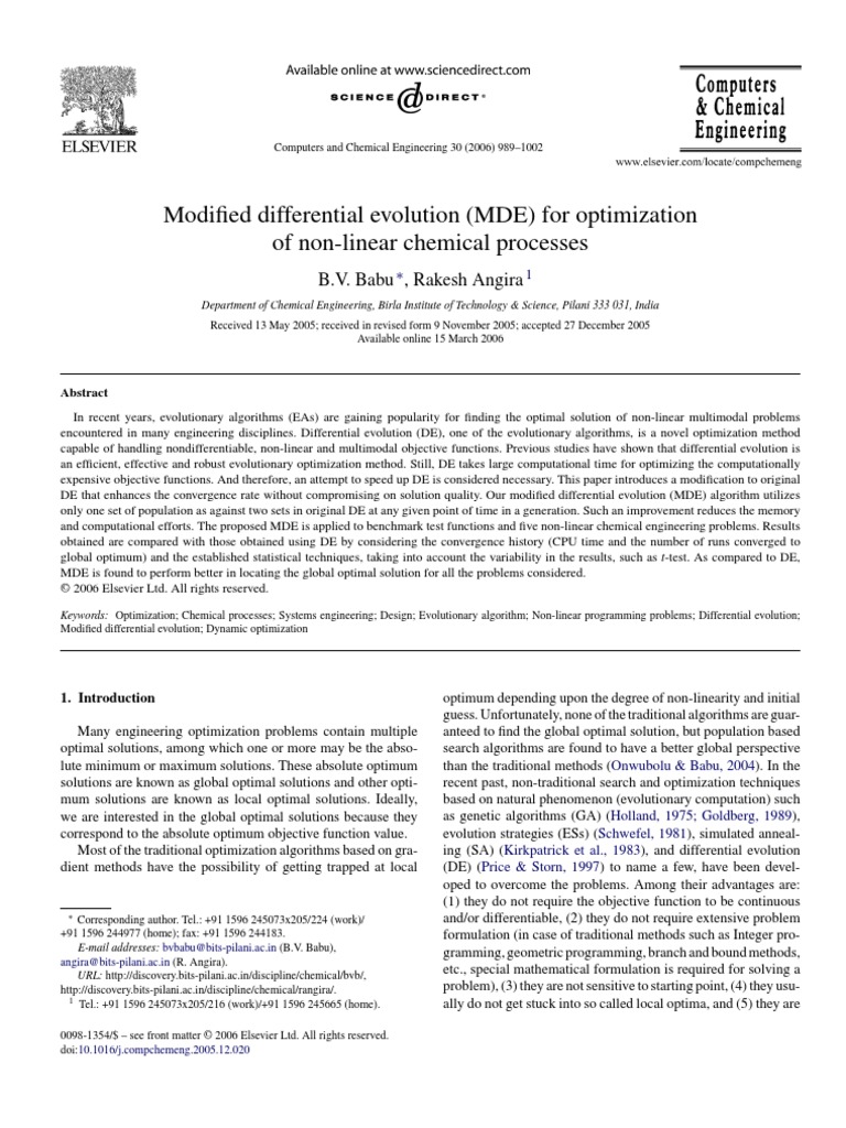 Modified Differential Evolution (MDE) For Optimization of Non-Linear Chemical Processes | PDF ...