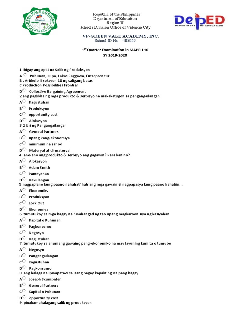 1st PeriodicAL Test - AP 10 | PDF