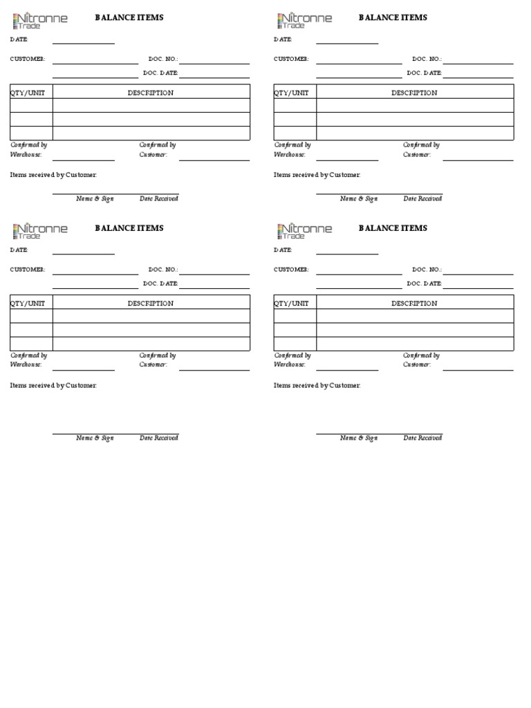 Balance Items Balance Items: Qty/Unit Description Qty/Unit Description ...