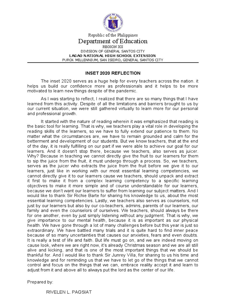 Department of Education: Inset 2020 Reflection | PDF | Applied ...