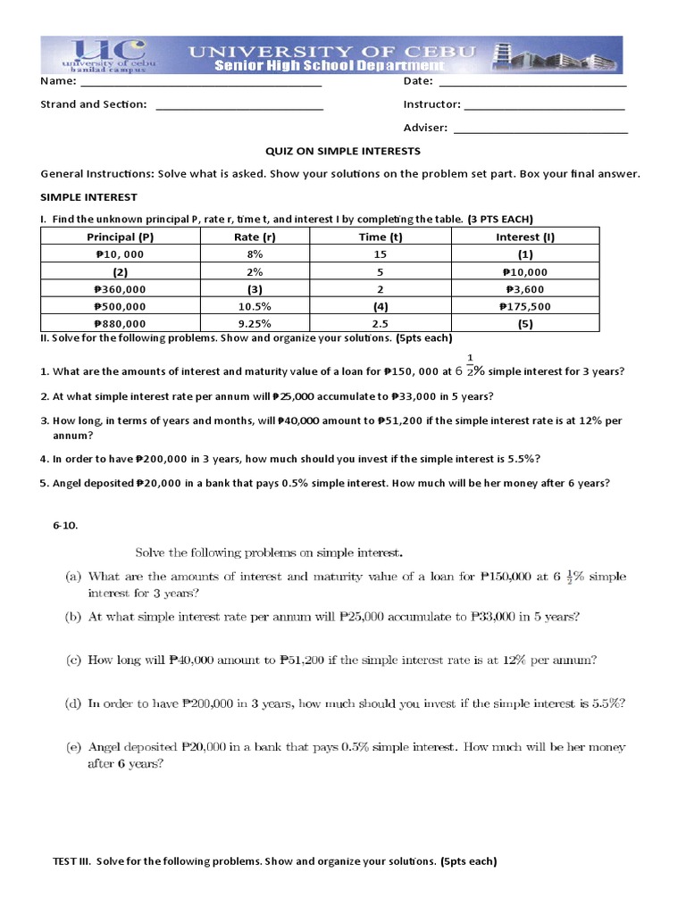 Simple Interest Quiz and Solutions | PDF | Teaching Methods & Materials