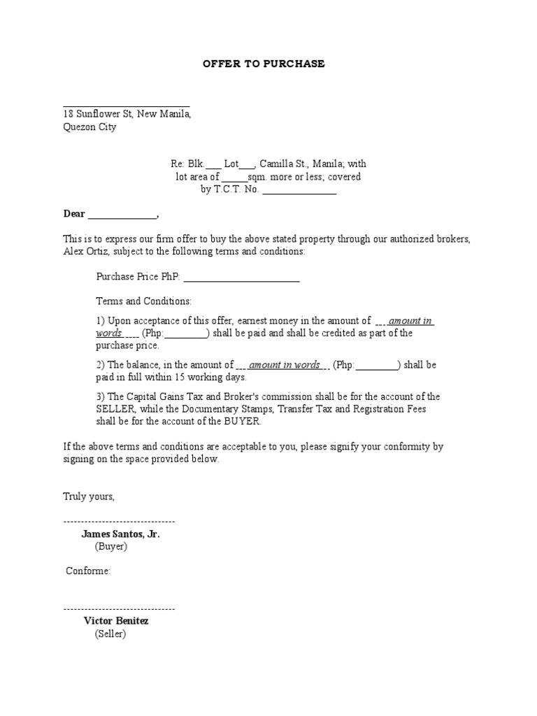 Offer To Purchase: Words (PHP: - ) Shall Be Paid and Shall Be Credited ...