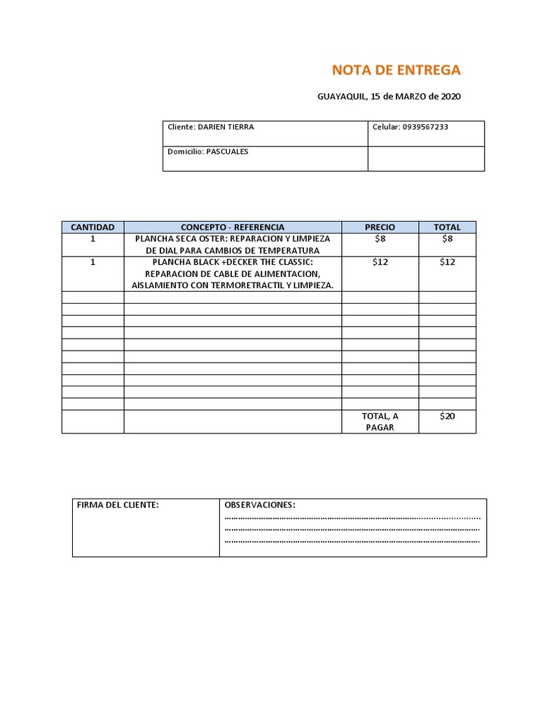 Modelo Nota de Entrega Word | PDF