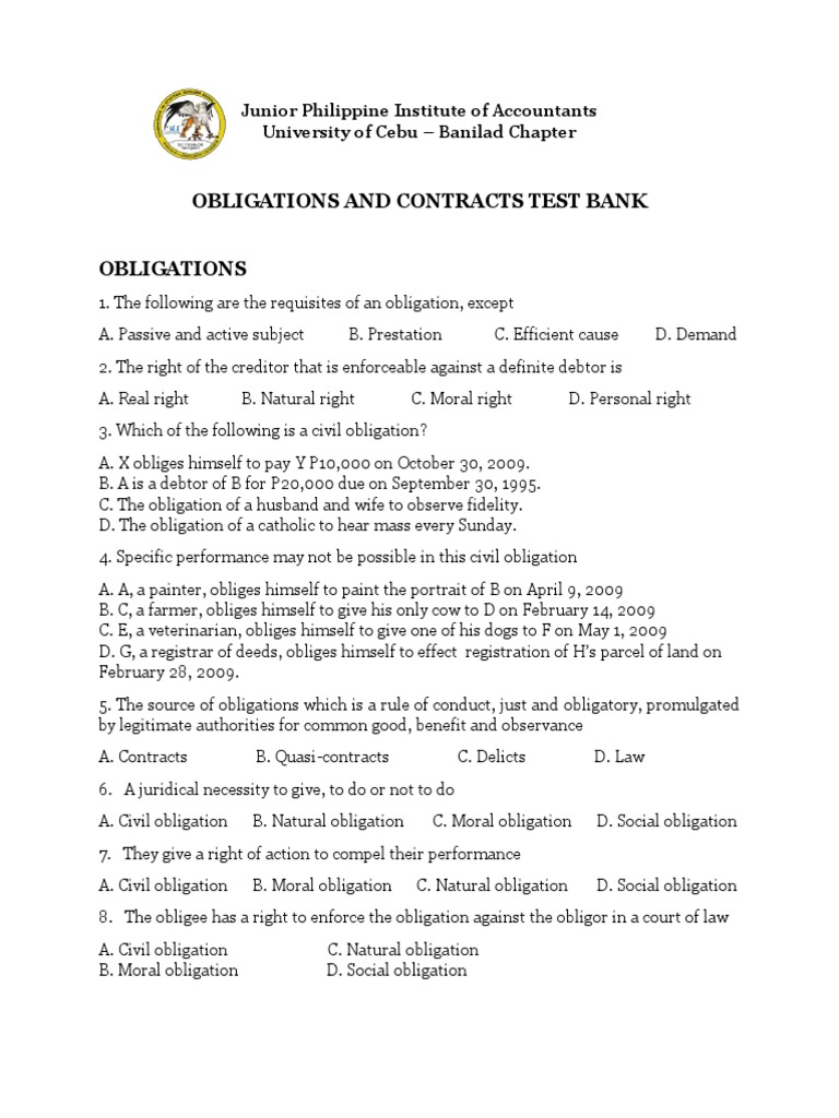 Obligations and Contracts Test Bank | PDF | Law Of Obligations ...