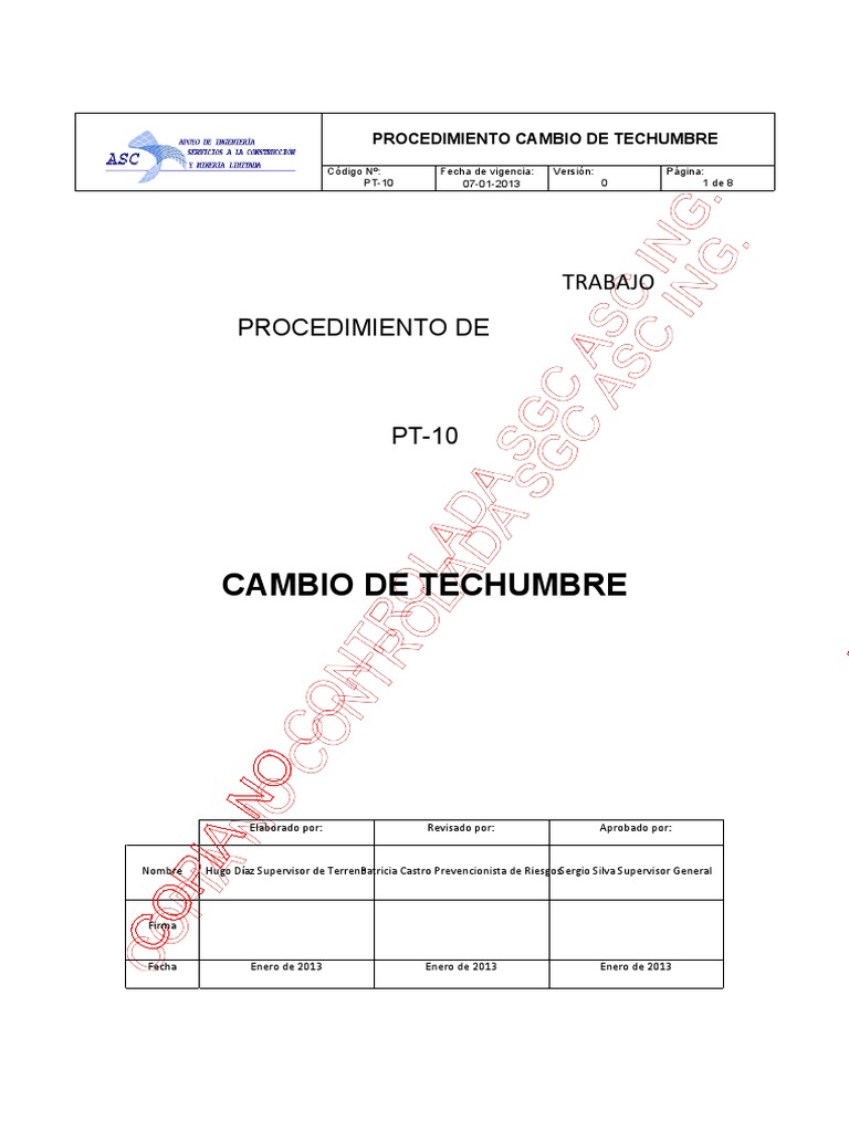 PT 10 Procedimiento Cambio de Techumbre Rev 0 | PDF | Tecnología