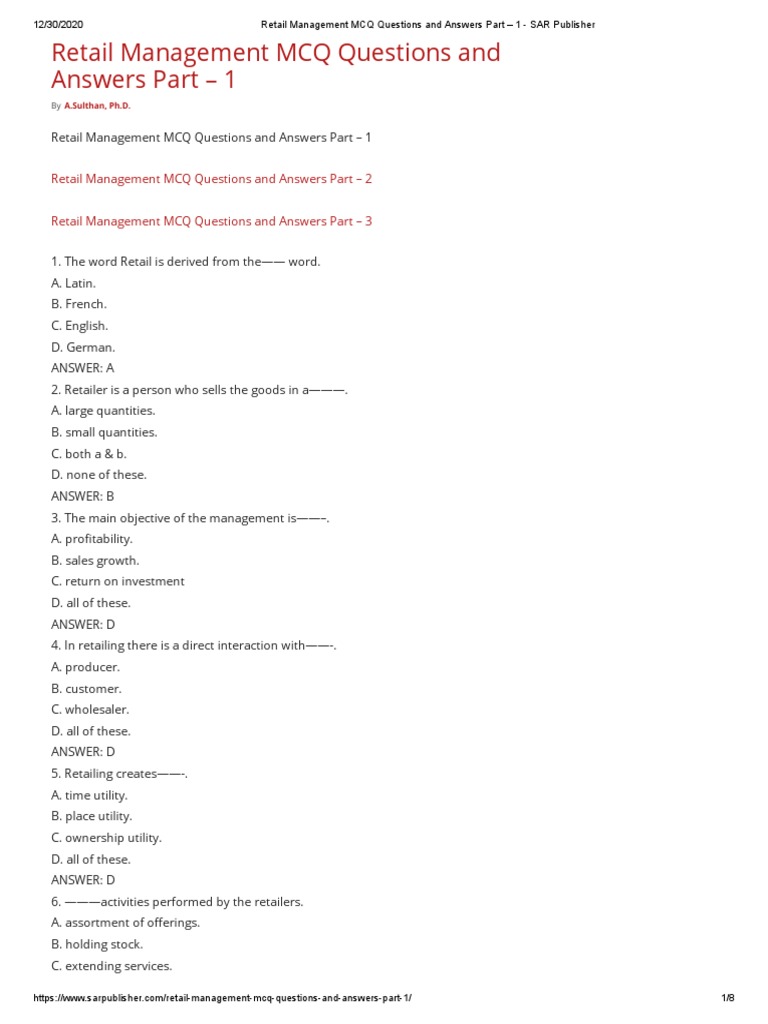 Retail Management MCQ Questions and Answers Part - 1 - SAR Publisher ...