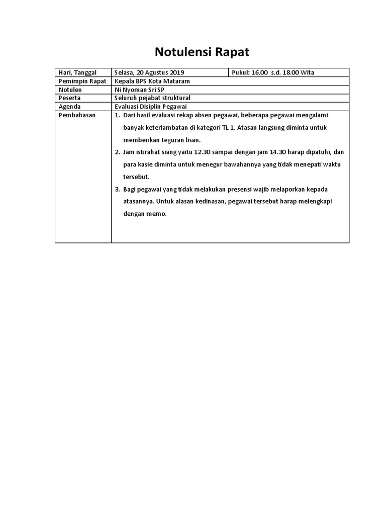 Notulensi Rapat Evaluasi Disiplin Pegawai | PDF