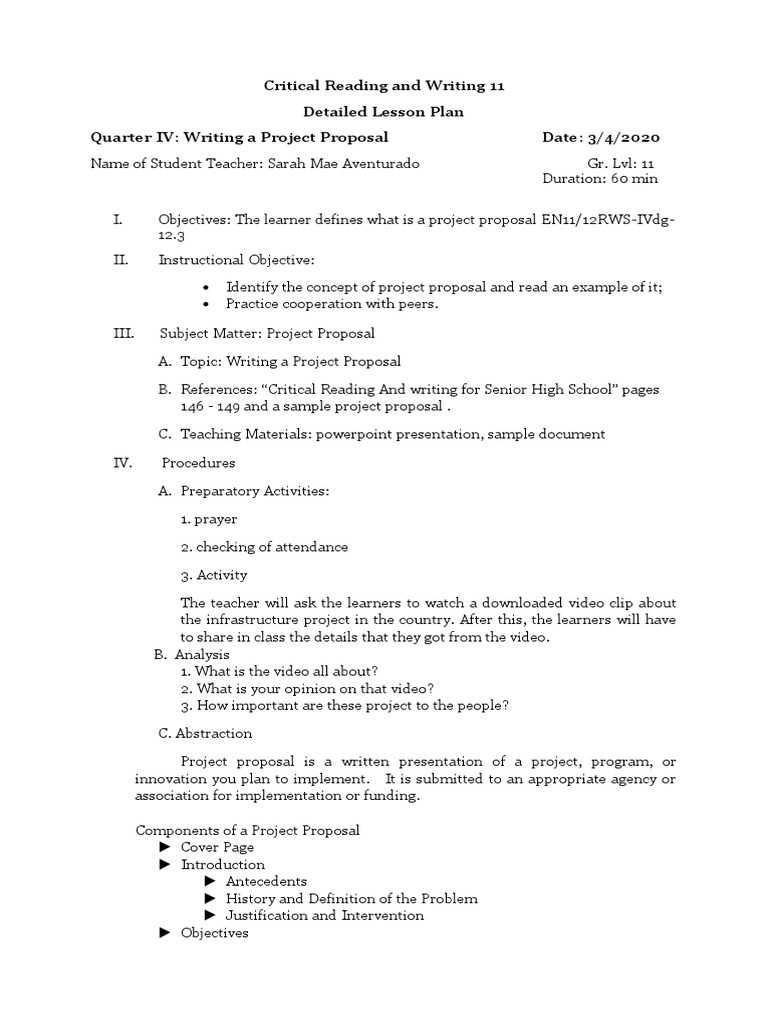 Critical Reading and Writing 11 Detailed Lesson Plan Quarter IV ...