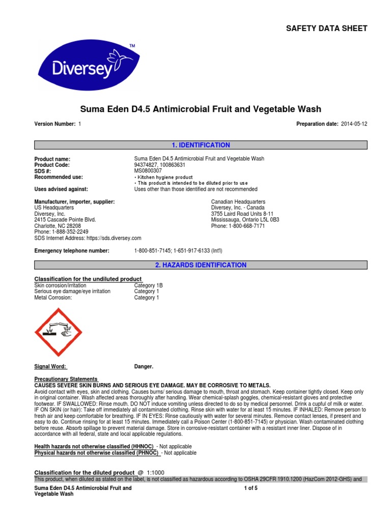 Suma Eden D4.5 Antimicrobial Fruit and Vegetable Wash: Safety Data ...
