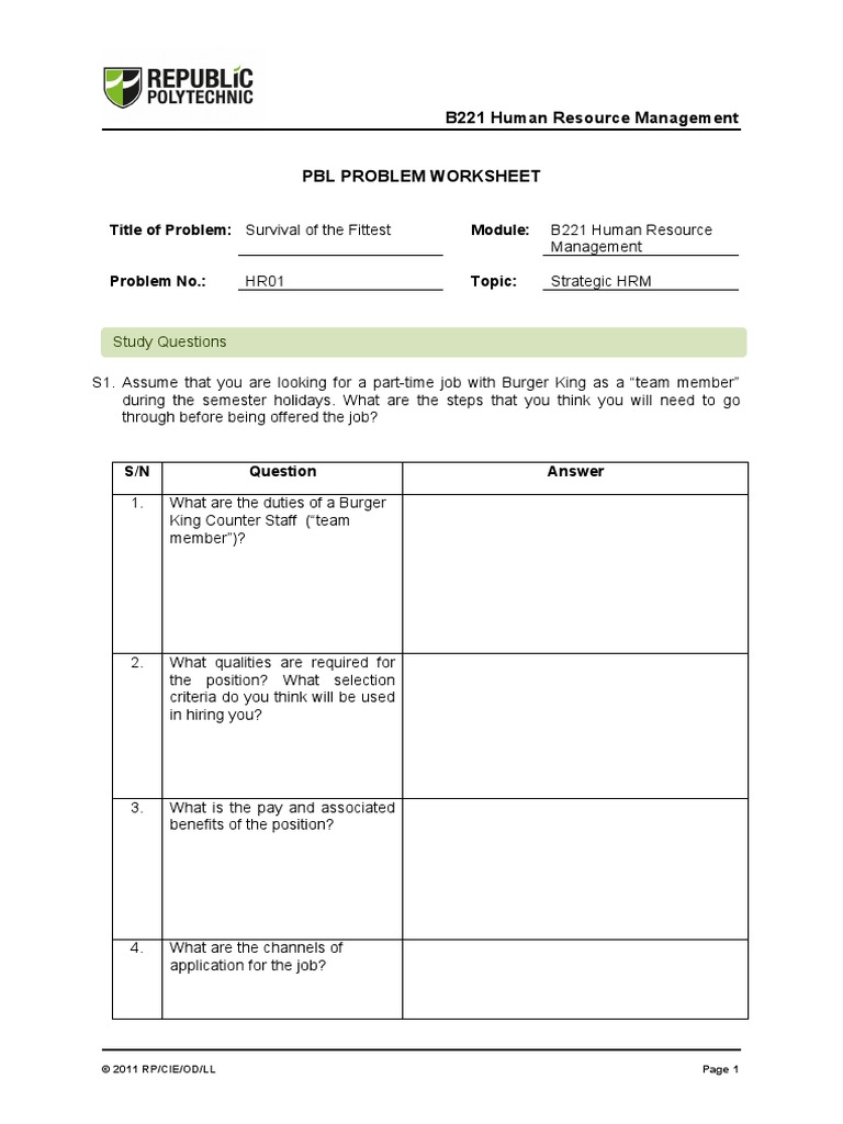 HR01 Survival of The Fittest - Worksheet - 15 Sep2011 | PDF | Human ...