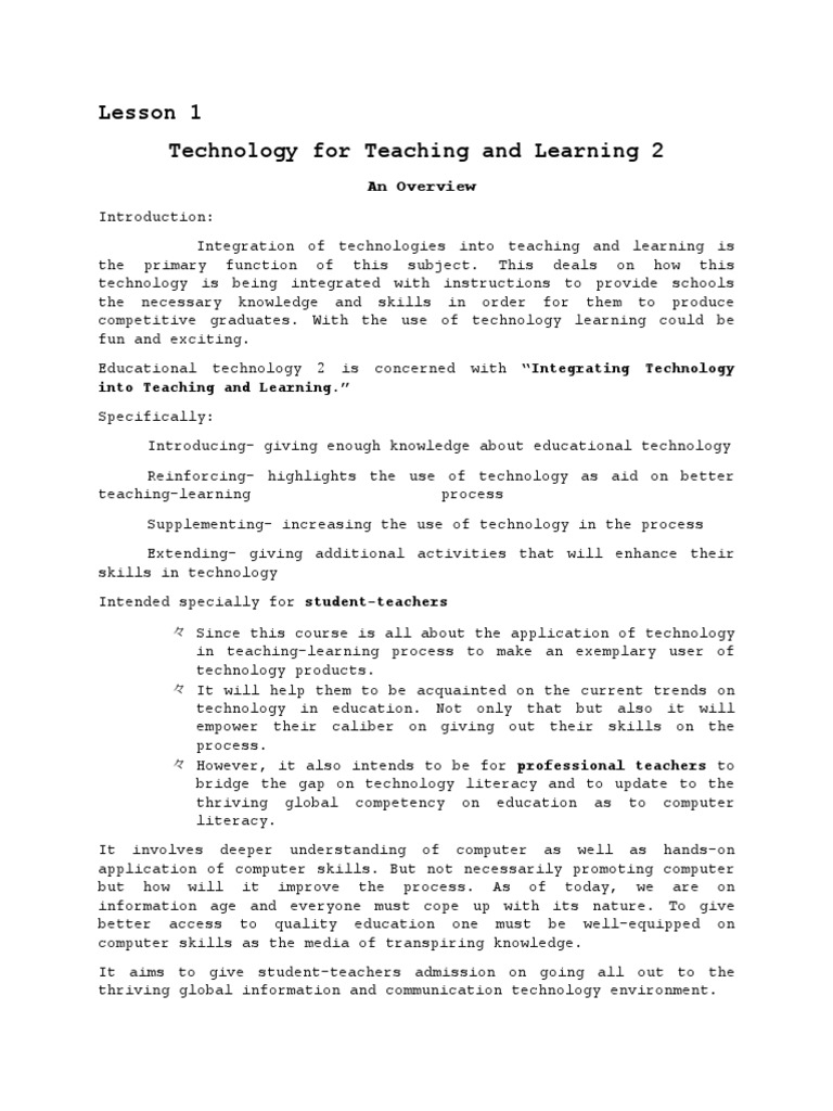 Lesson 1 Technology For Teaching and Learning 2: An Overview | PDF ...