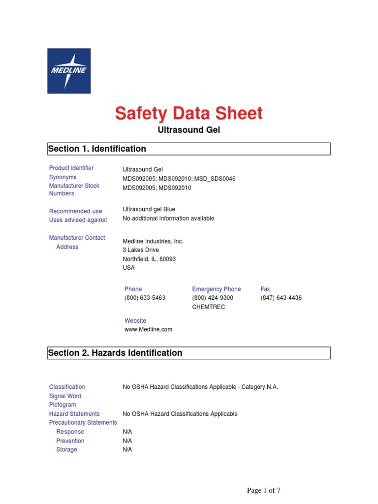 Safety Data Sheet: Ultrasound Gel Section 1. Identification | PDF ...
