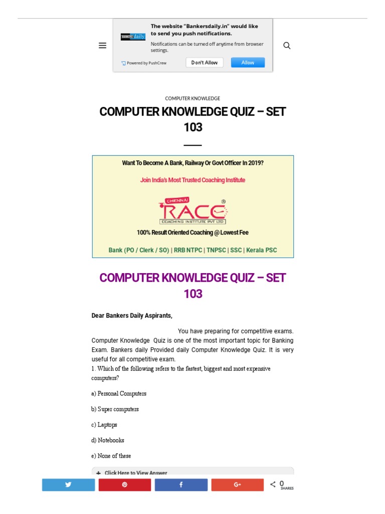 Bankersdaily in Computer Knowledge Quiz Set 103 | PDF | Input/Output | Computer Network