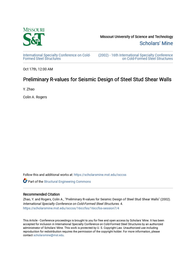 Preliminary R-Values For Seismic Design of Steel Stud Shear Walls ...