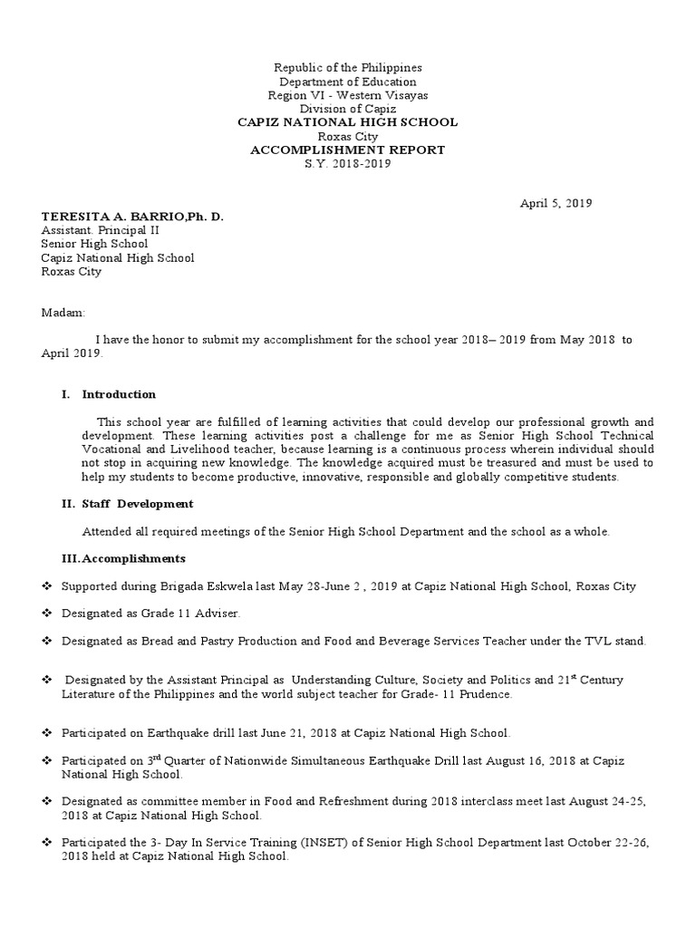 Capiz National High School Accomplishment Report | PDF | Teaching | Human Nature